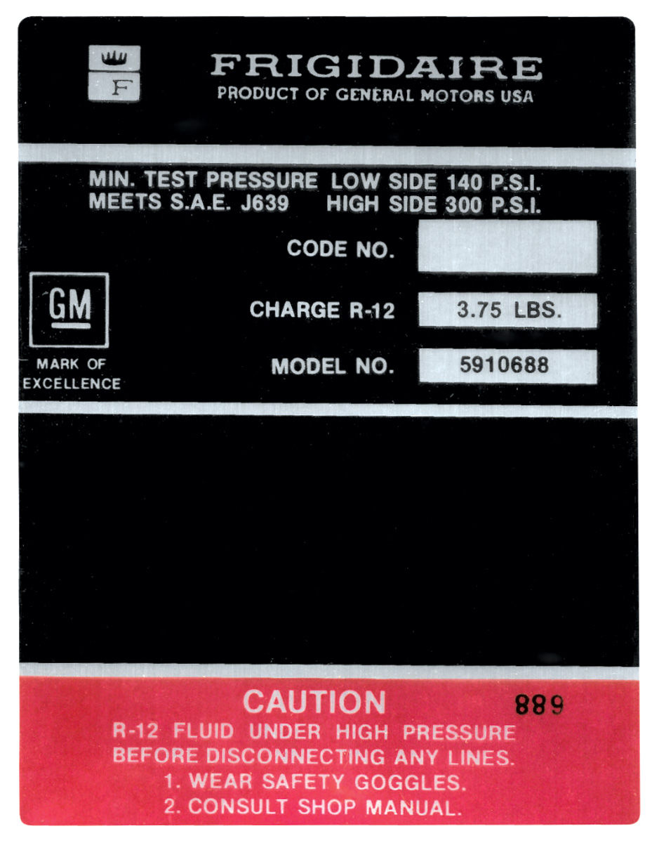 Decal, AC Compressor, 1969 Buick, Frigidaire, #5910688 @ OPGI.com