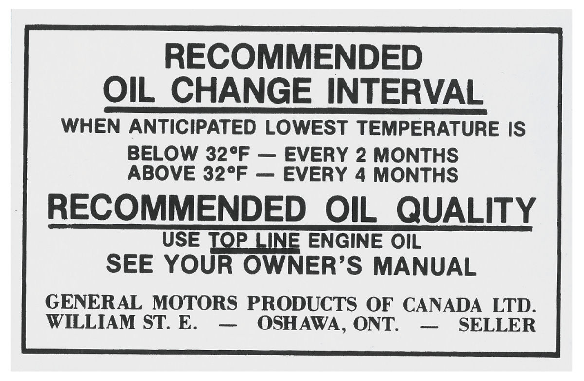 Decal, 70-71 Buick, Engine Compartment, Canada Oil Change @ OPGI.com