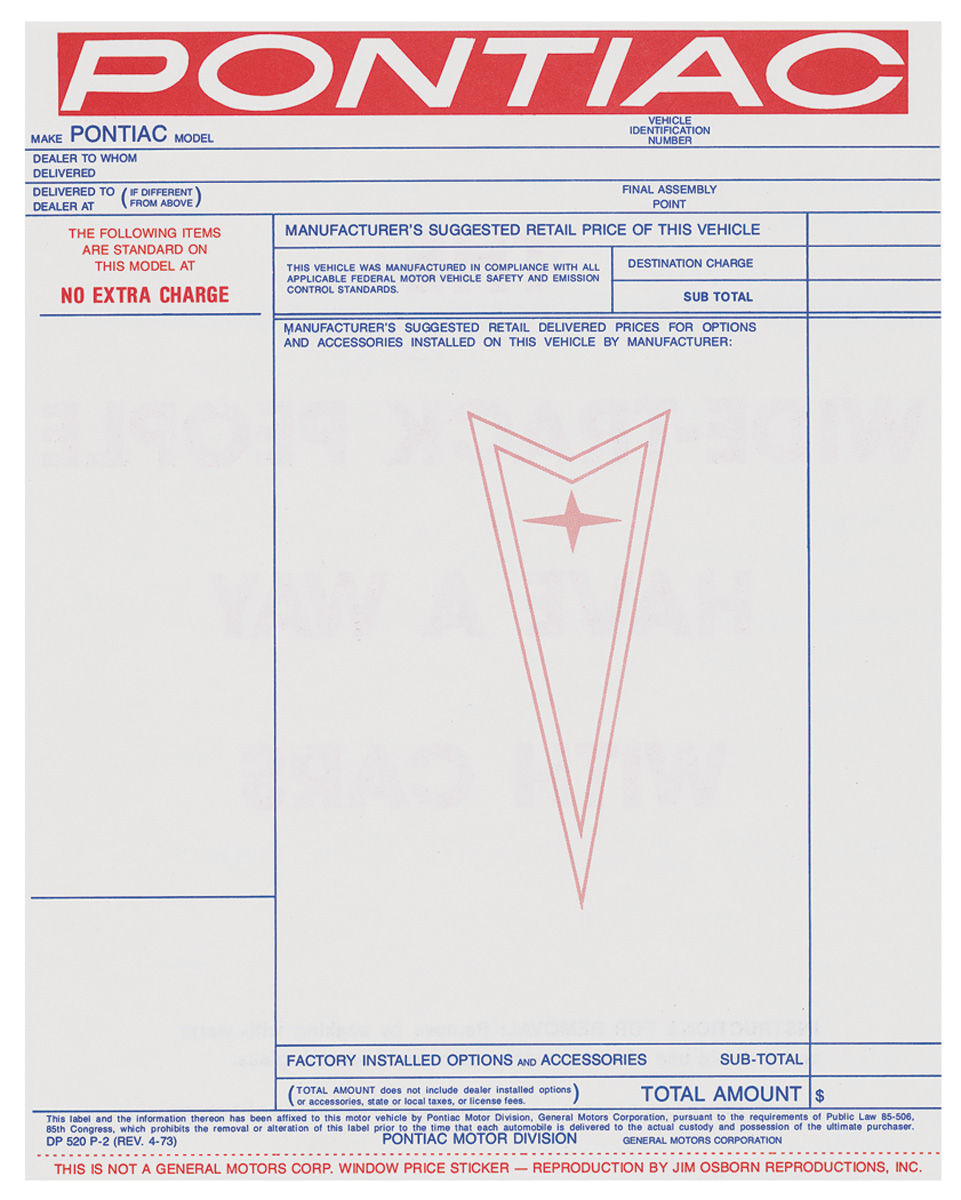 Window Sticker, New Vehicle Price, 1974 Pontiac @ OPGI.com