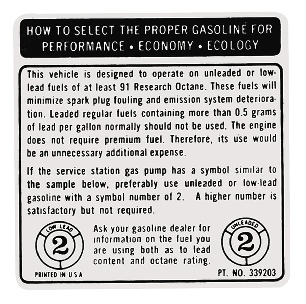 Decal, Fuel Recommendation, 1972-74 Pontiac, 91 Octane, In Glove Box ...