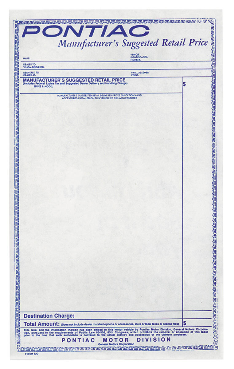 Window Sticker, New Vehicle Price, 1967 Pontiac @ OPGI.com