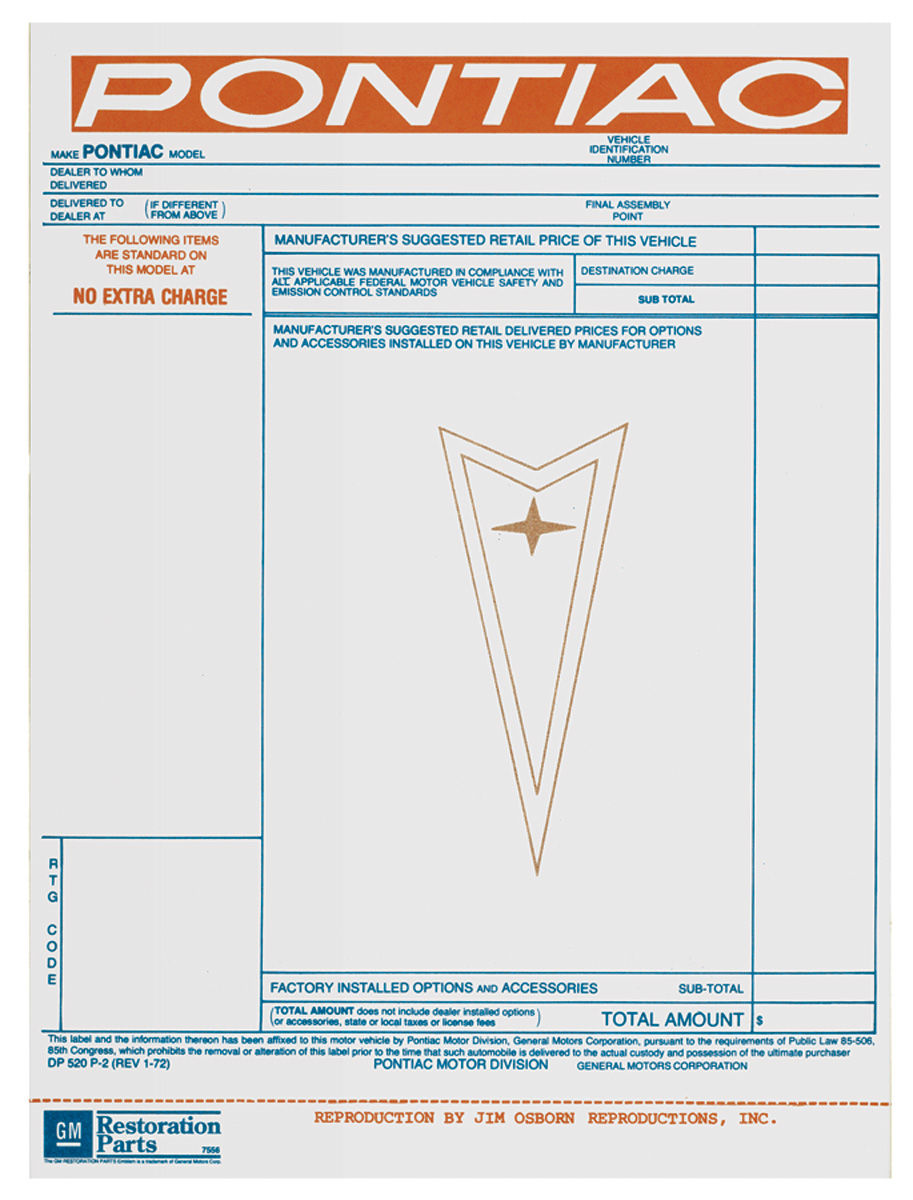 Window Sticker, New Vehicle Price, 1972-73 Pontiac @ OPGI.com