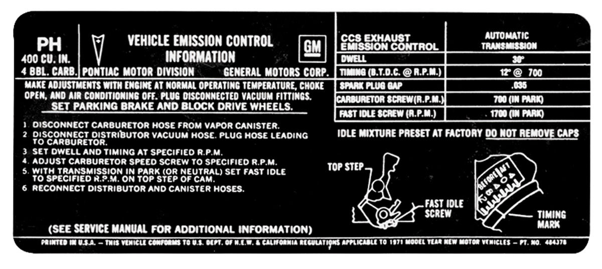 Decal, 71 Pontiac, Emissions, 400-4V, AT, PH, 484378 @ OPGI.com