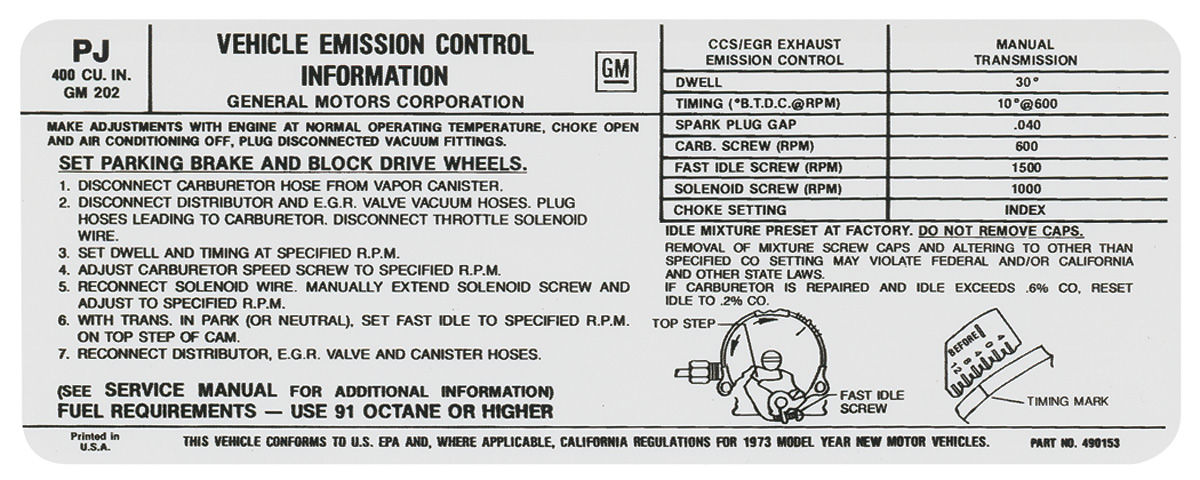 Decal, Emissions, 1973 Pontiac, 400, MT, PJ 490153 @ OPGI.com