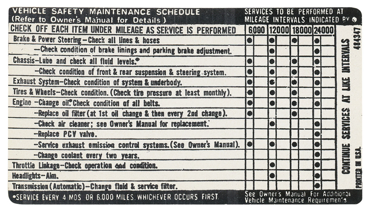 Decal, Vehicle Safety Maintenance, 1971 Grand Prix, In Glove Box @ OPGI.com