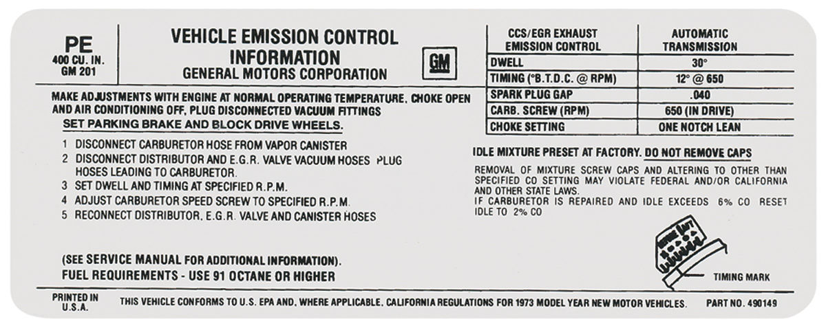 Decal, Emissions, 1973 Pontiac, 400, AT, PE 490149 @ OPGI.com