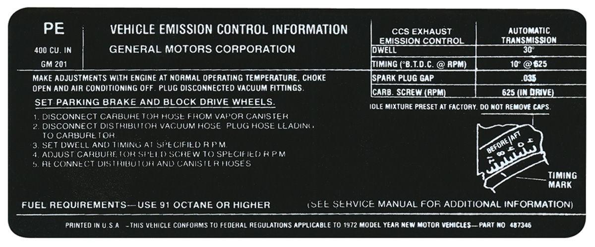 Decal, 72 Pontiac, Emissions, 400-2V, PE, 487346 @ OPGI.com