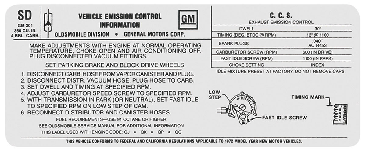 Decal, 72 Cutlass, Emissions, 350, 4bbl, AT @ OPGI.com