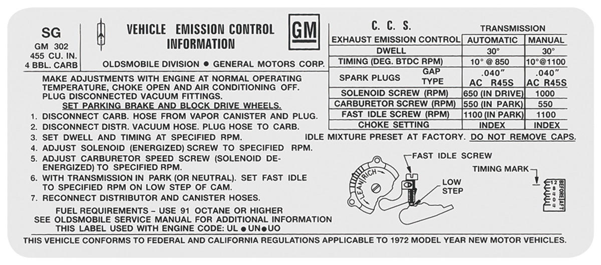 Decal, 72 Cutlass, Emissions, 442, W30, 455, 4bbl @ OPGI.com