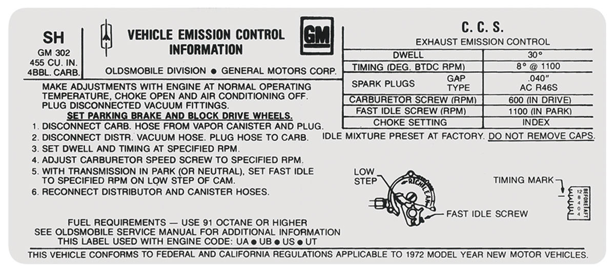 Decal, 72 Cutlass, Emissions, 455, 4bbl, AT, HO @ OPGI.com