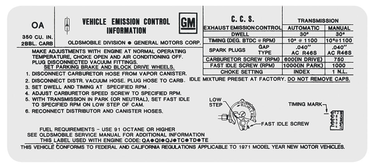 Decal, 71 Cutlass, Emissions, 350, 2bbl @ OPGI.com