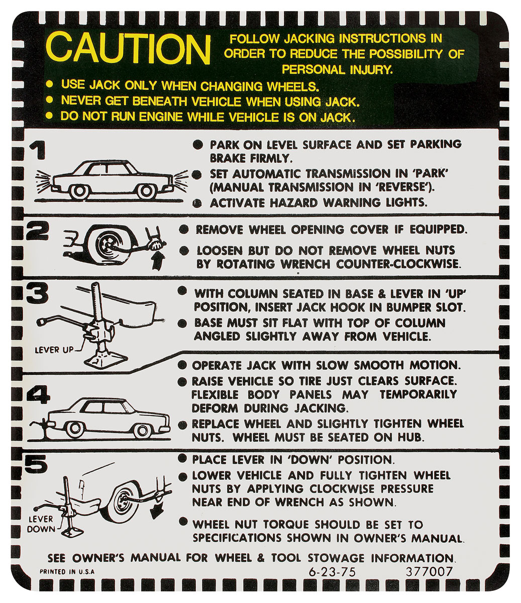 Decal, 1975-77 Cutlass, Jacking Instructions, Exc. CNV/WGN @ OPGI.com