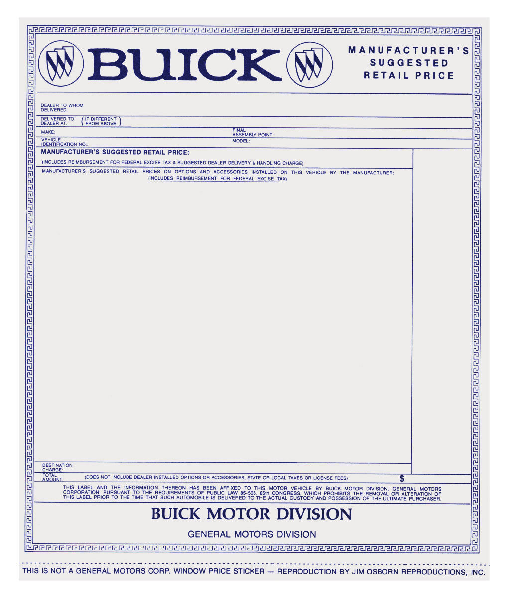 Window Sticker, New Vehicle Price, 1965-66 Buick @ OPGI.com