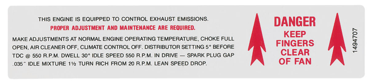 Decal, 69 Cadillac, Emission, Fan Caution @ OPGI.com