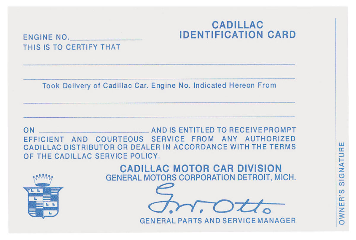 Owner ID Card, 1954-58 Cadillac @ OPGI.com