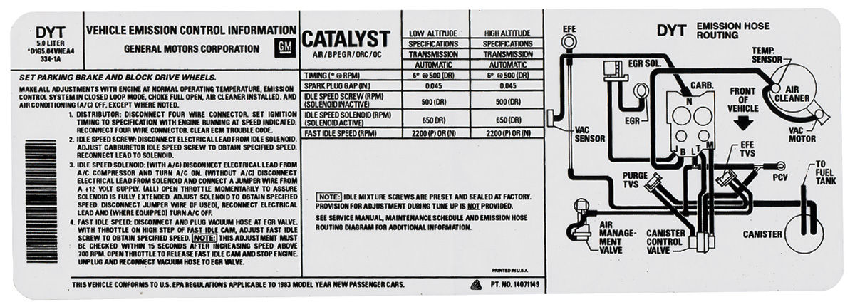 Decal, 79 GM G Body, Emissions, 305, US, 2bbl, X9, 14015552 @ OPGI.com