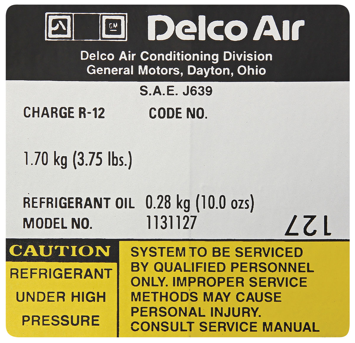 Decal, AC Compressor, 1978 G-Body, Delco, #1131127 @ OPGI.com