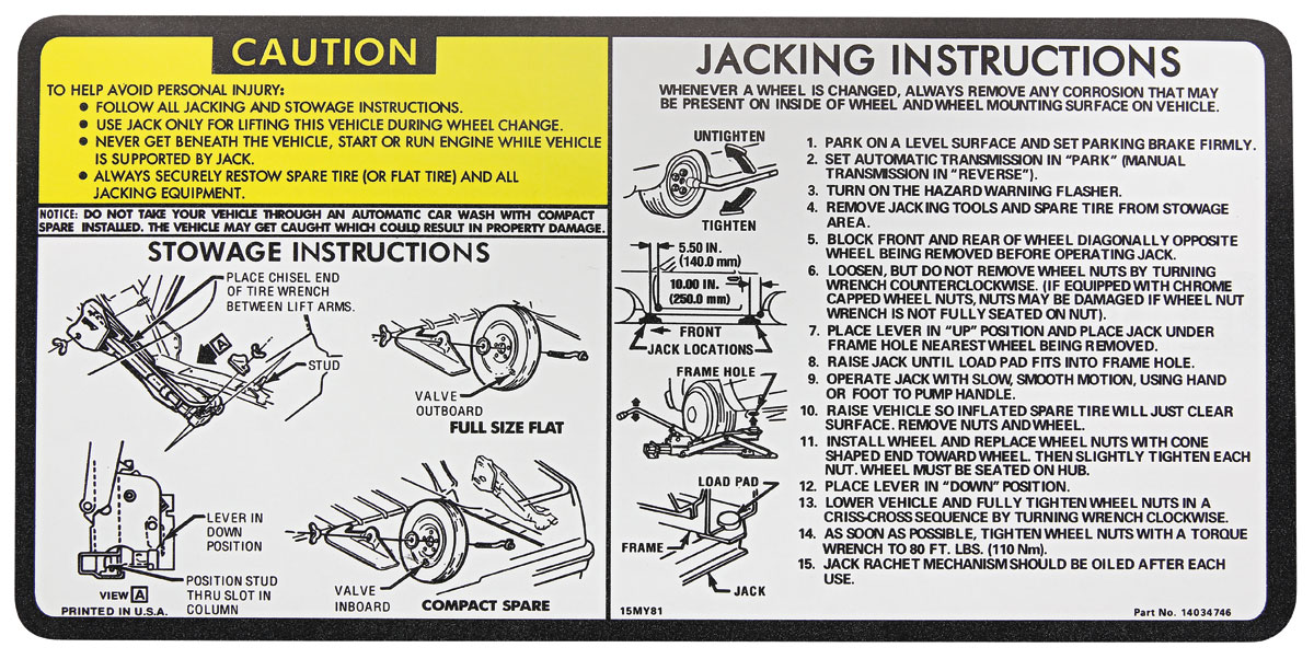 Decal, Jacking Instructions, 1981-88 G-Body, In Trunk, GM # 14034746 ...