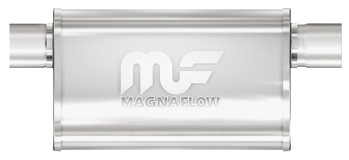 Magnaflow - Muffler, 5" x 8" x 14" Oval Reversible, Brushed 430SS, 2.5" Offset One Side @ OPGI.com