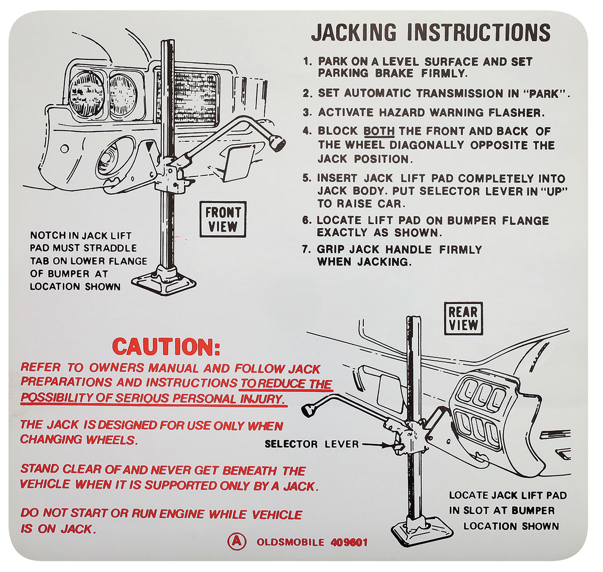 Decal, Jacking Instructions, 1972 Cutlass, In Trunk @ OPGI.com