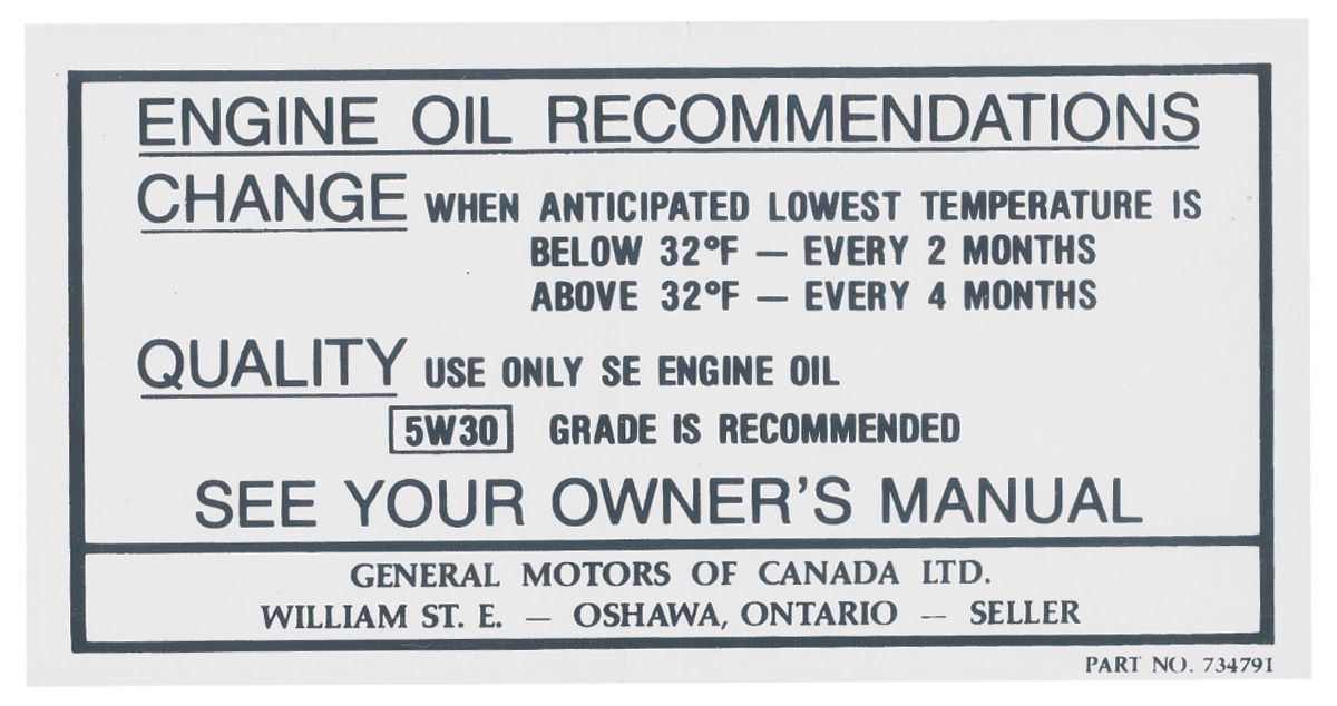 Decal, Oil Change, 1968-69 Buick, Canada, In Engine Compartment @ OPGI.com